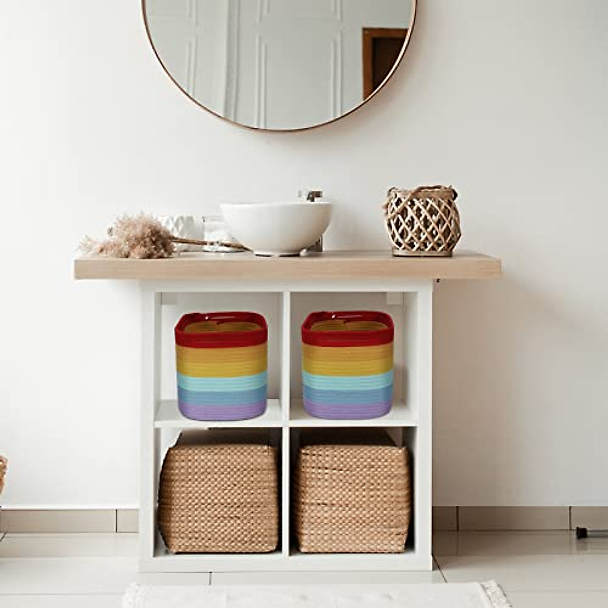 AUSSIY 1 Pack Rope Baskets for Storage Basket, Cotton Rope Woven Basket with Handles. Blanket Basket for Storing Clothes, Toys, Books, Shelves etc, 15''L x 10''W x 9.5''H, Rainbow Baskets