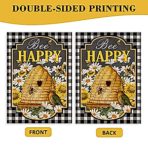 Covido Home Decorative Bee Happy Spring Garden Flag, Daisy Flowers Bird House Yard Buffalo Plaid Check Hive Sunflower Honeycomb Outside Decoration, Summer Farmhouse Outdoor Small Burlap Decor 12 x 18