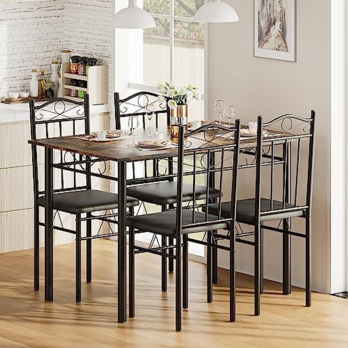 Aobafuir Kitchen Dining Room Table Sets for 4, 5 Piece Metal and Wood Rectangular Breakfast Nook, Dinette with Chairs, Industrial Retro Brown