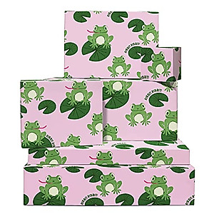 CENTRAL 23 All Occasion Wrapping Paper - 6 Sheets Pink and Green Gift Wrap - Cute Frogs - Vegan Ink - For Birthday, Christmas, Baby Shower - For Boys Girls Kids - Comes With Fun Stickers