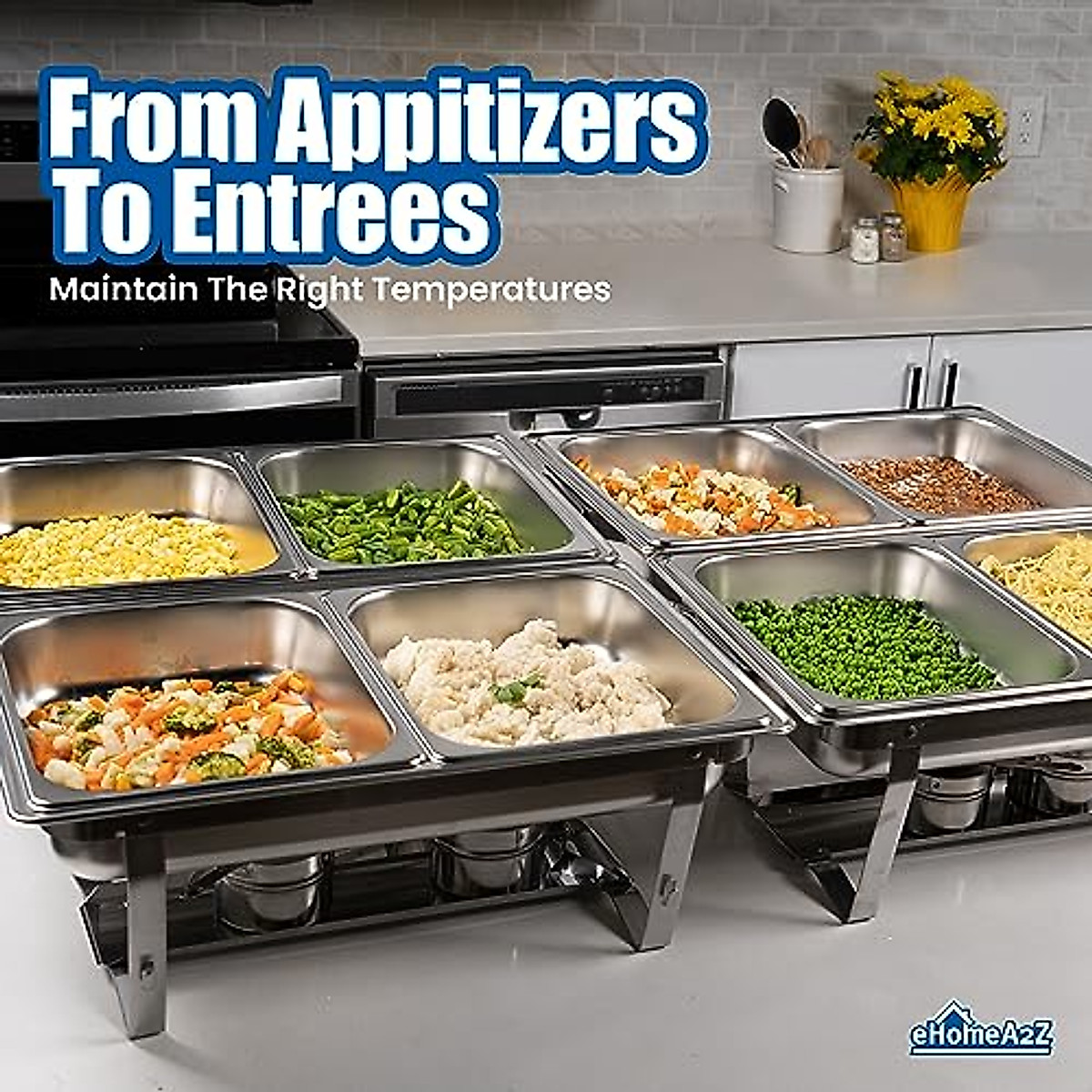 Chafing Dish Buffet Set (4 Pack) Chafers 8QT Buffet Servers And Warmers, Chaffing Servers With Covers, Catering, Chafer, Folding Stand, Food Warmer For Parties Buffets