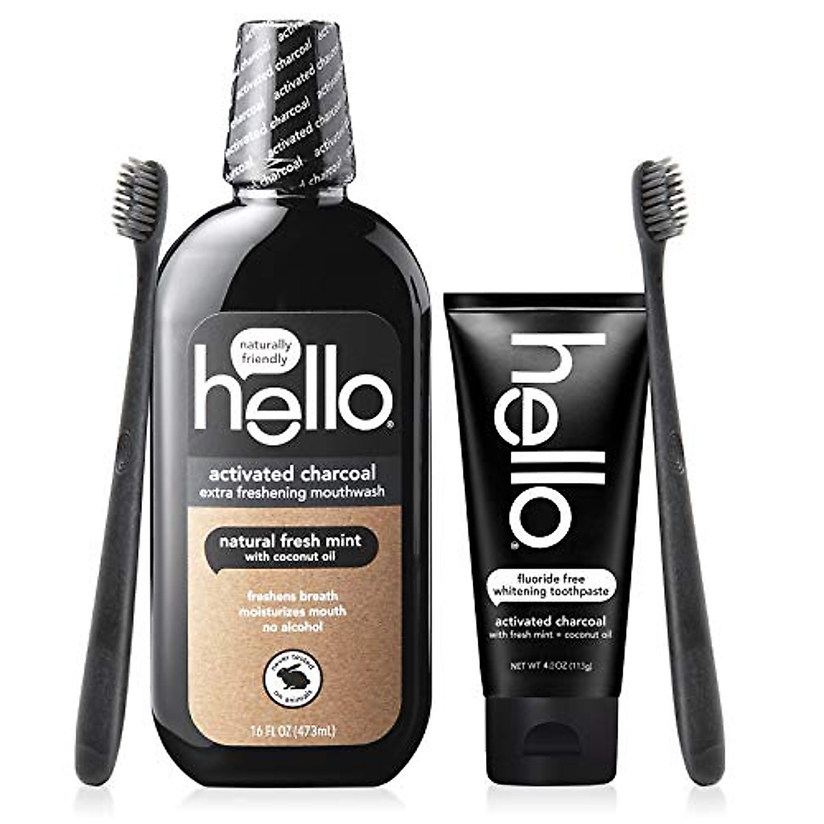 Hello Activated Charcoal Starter Kit Fluoride Free SLS Free Whitening Toothpaste Extra Freshening Mouthwash 2 Charcoal Bristle BPAFree Toothbrushes, Black, 1 Count