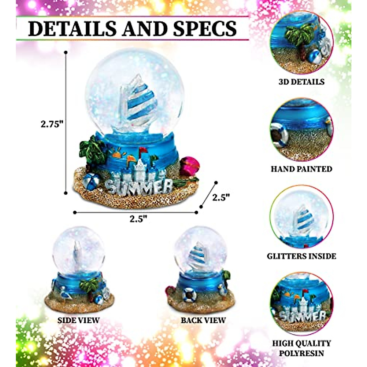 CoTa Global Cool Summer Sailboat Snow Globe - Water Globe Figurine with Sparkling Glitter, Collectible Novelty Ornament for Home Decor, for Birthdays, Holiday and Valentine's - 45mm