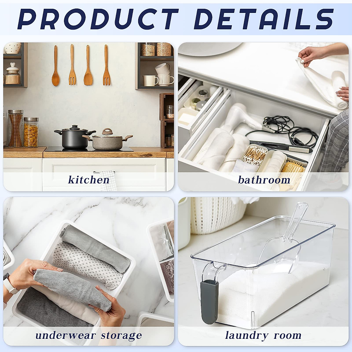 4 Set Clear Plastic Storage Bin with Scoop Clear Freezer Ice Bin with Pull out Handle Ice Container for Freezer Organizer Plastic Utility Ice Scoop Plastic Scoops for Dry Goods Kitchen Fridge Cabinet