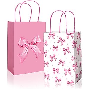 JarThenaAMCS 24Pcs Pink Bow Paper Gift Bags Cute Bow Knot Treat Bags with Handles Candy Goodie Bags Grocery Shopping Bags for Party Favor Supplies