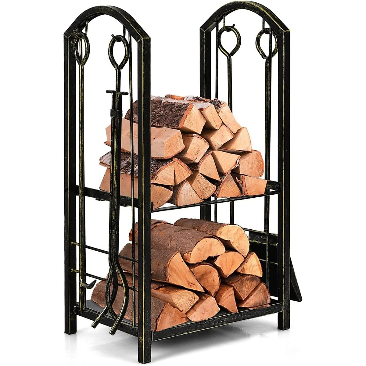 Tangkula Firewood Rack with 4 Fireplace Tools, Firewood Rack Bin Log Holder with Fire place Accessories Tools Set Includes Brush, Shovel, Poker, and Tongs(17.5 x 12 x 29 inches) (Bronze)