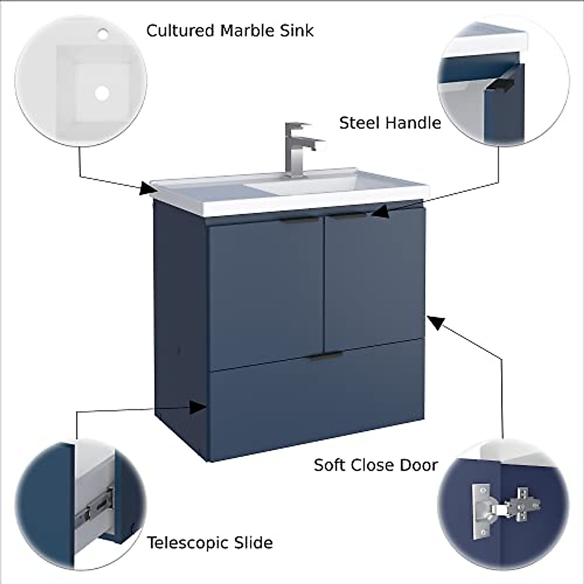 COZIMAX Vanity Soul 24" Floating Bathroom Vanity and Cultured Marble Sink with Soft Close Door (Blue)