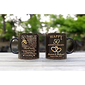 50 Years of Marriage Gift Personalized Coffee Mug Happy 50th Anniversary Travel Cups Wedding Celebration for Couple Husband Wife Mom Dad Birthday Valentines Floral Ceramic Drinking Tea Cup 15oz 11oz