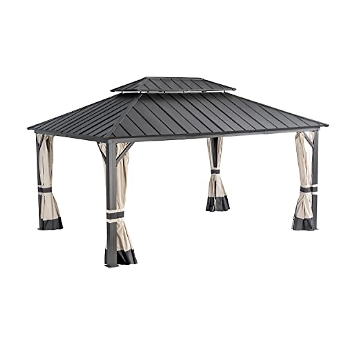 12x16 Outdoor Patio Hardtop Gazebo with Spliced Structure for Easy Assembly,Galvanized Steel Metal Double Roof Aluminum Permanent Frame with Netting and Curtains for Backyard Garden