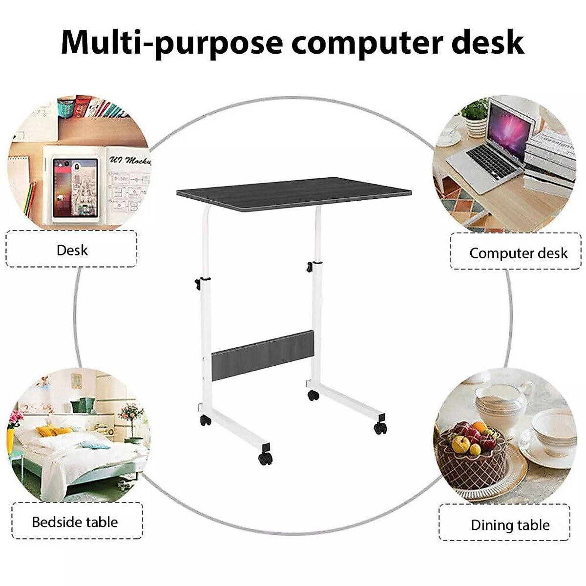 Standing Desk Adjustable Height, Mobile Laptop Desk, Portable Standing Desk with Brake Wheels, Small Standing Desk Sofa Desk for Home Office, Sofa, Laptop, Coffee, Snack, Black