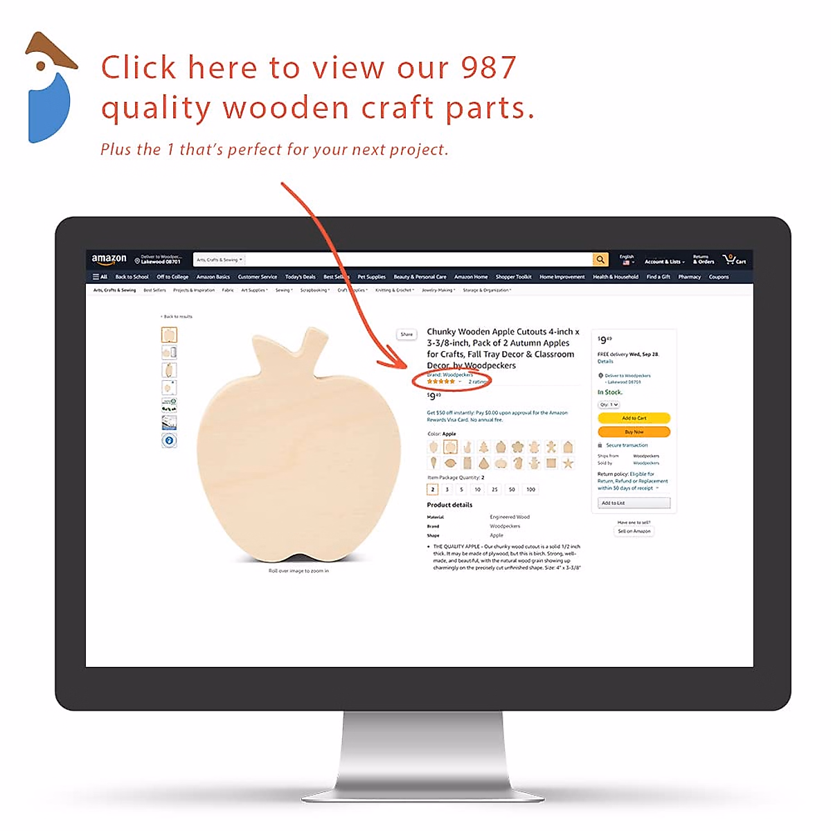 Chunky Wooden Apple Cutouts 4-inch x 3-3/8-inch, Pack of 2 Autumn Apples for Crafts, Fall Tray Decor & Classroom Decor, by Woodpeckers
