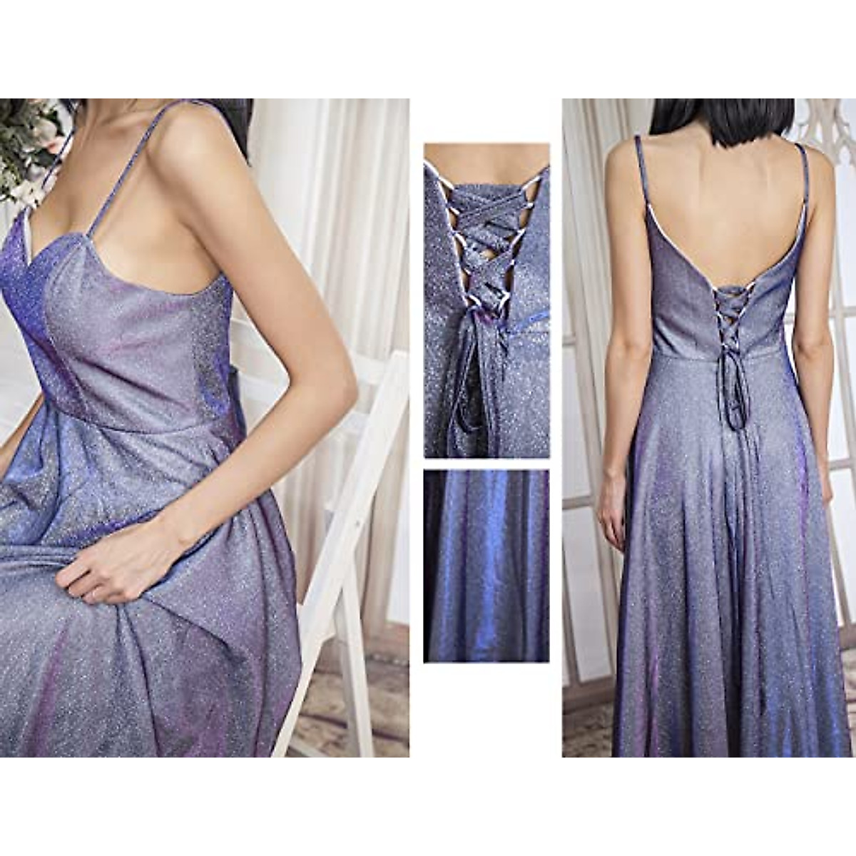 BOSJHD Shiny Gradient Strap Open Back Elegant Party Evening Dress（Purple,XX-Large）