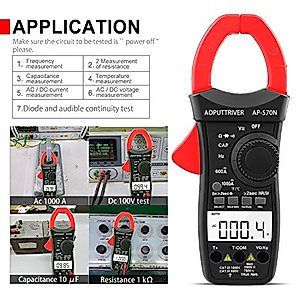 Digital Clamp Meter AP-570N,6000 Counts Auto-ranging Multimeter with DC/AC Voltage&Current,Resistance,Capacitance,Temperature,Frequency,Duty Cycle (Black-570N)