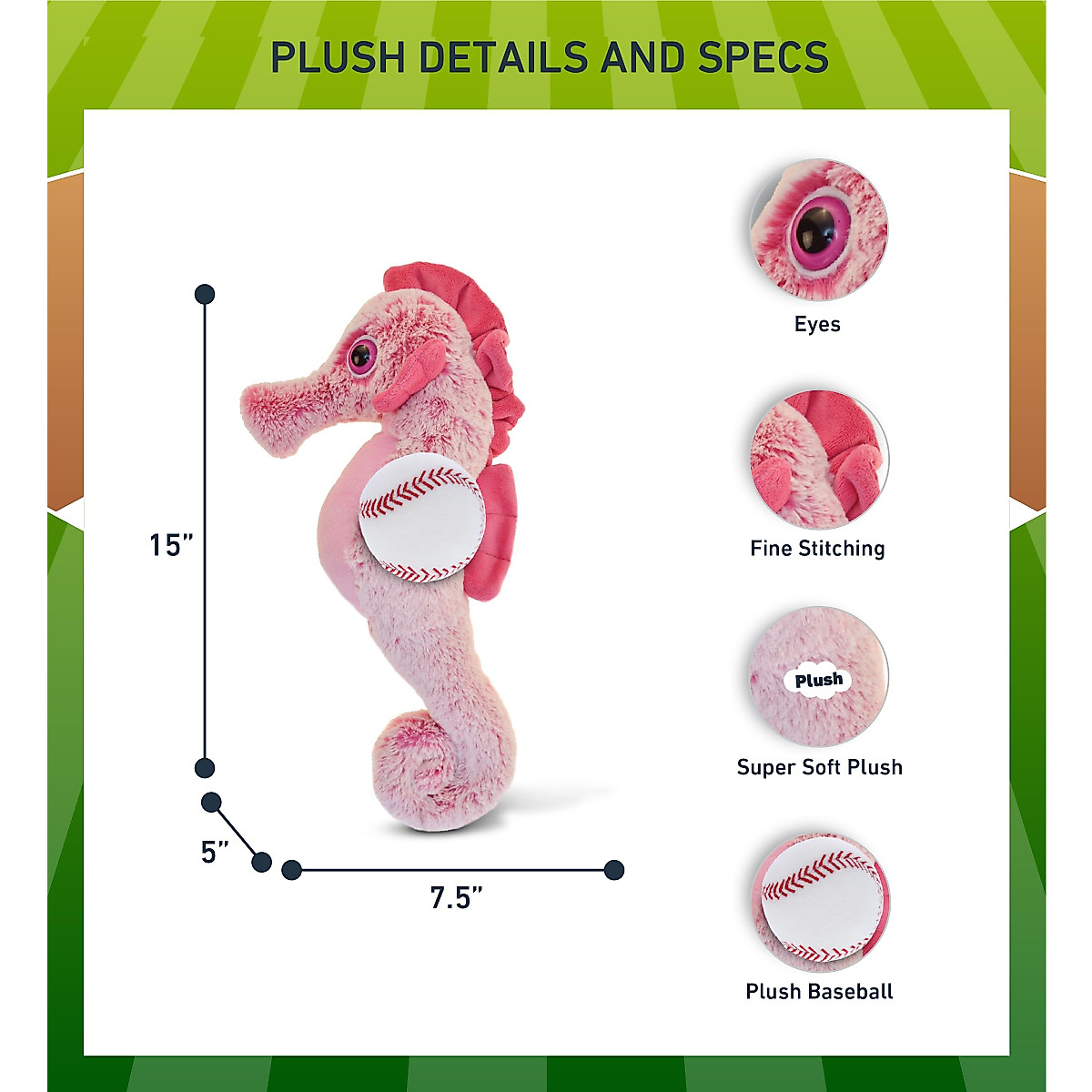 DolliBu Seahorse Stuffed Animal with Baseball Plush - Soft Huggable Seahorse, Adorable Playtime Plush Toy, Super Soft Plush Doll Animal Toy for Kids and Adults - 15 Inch