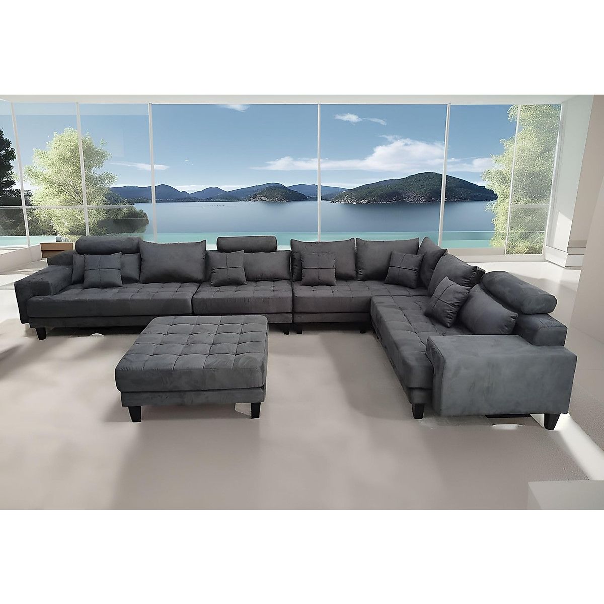 Stendmar 5-Piece L Shape/U Shape Living Room High Back with Headrest Reversible Contemporary Dark Grey Microfiber Fabric Sectional Couch Sofa Set S150D5A