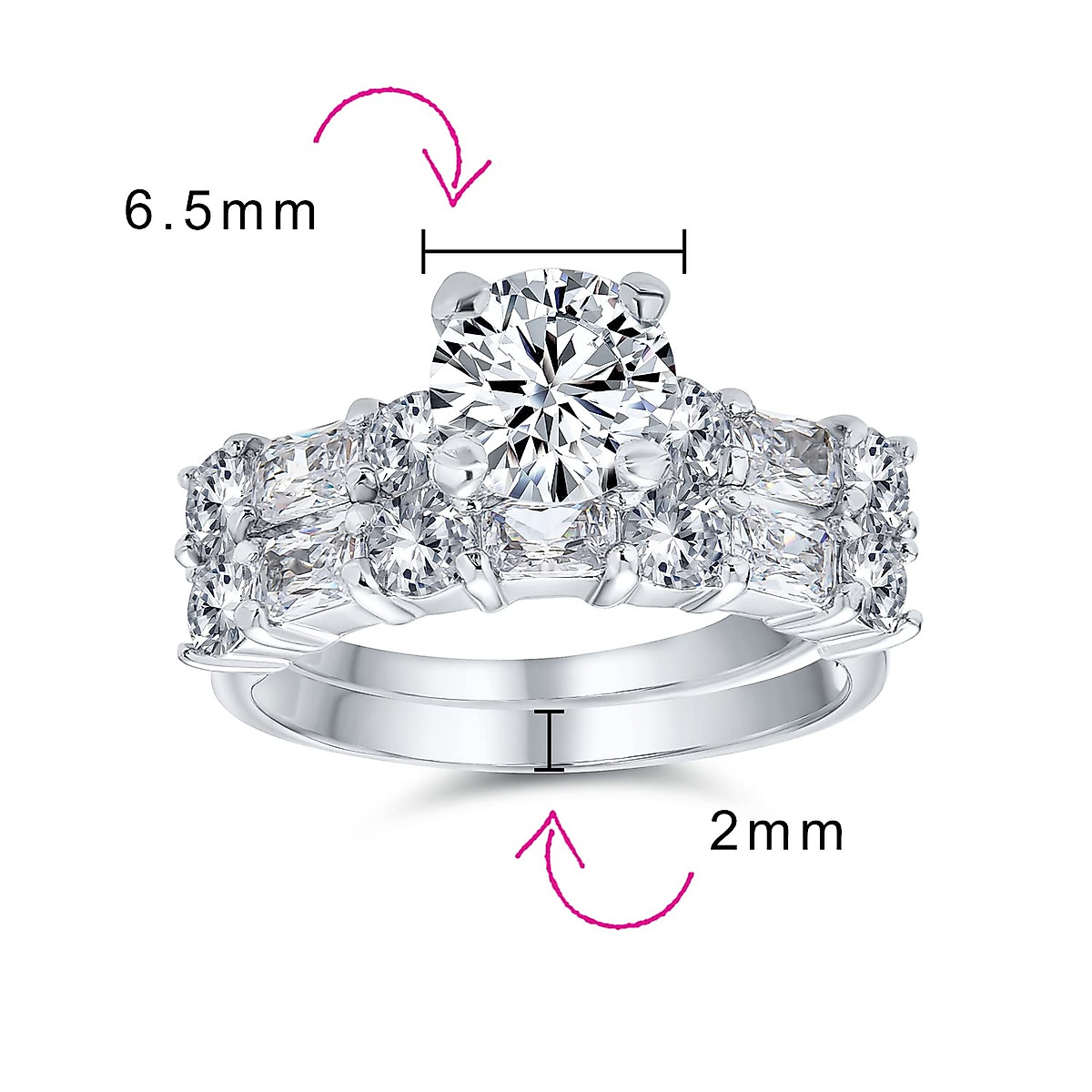 Personalized Traditional AAA CZ Baguettes Side Stones 2CT Square Round Brilliant Solitaire Anniversary Engagement Wedding Band Ring Set For Women .925 Sterling Silver Customizable