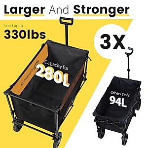 Sekey Collapsible Foldable Wagon with 330lbs Weight Capacity, Heavy Duty Folding Utility Garden Cart with Big All-Terrain Beach Wheels & Drink Holders. Black&Orange