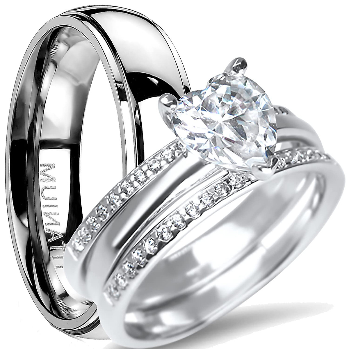 His Hers TRIO 3 PCS Sterling Silver Titanium Wedding Ring Set Heart CZ Simulated Diamond for Him Her