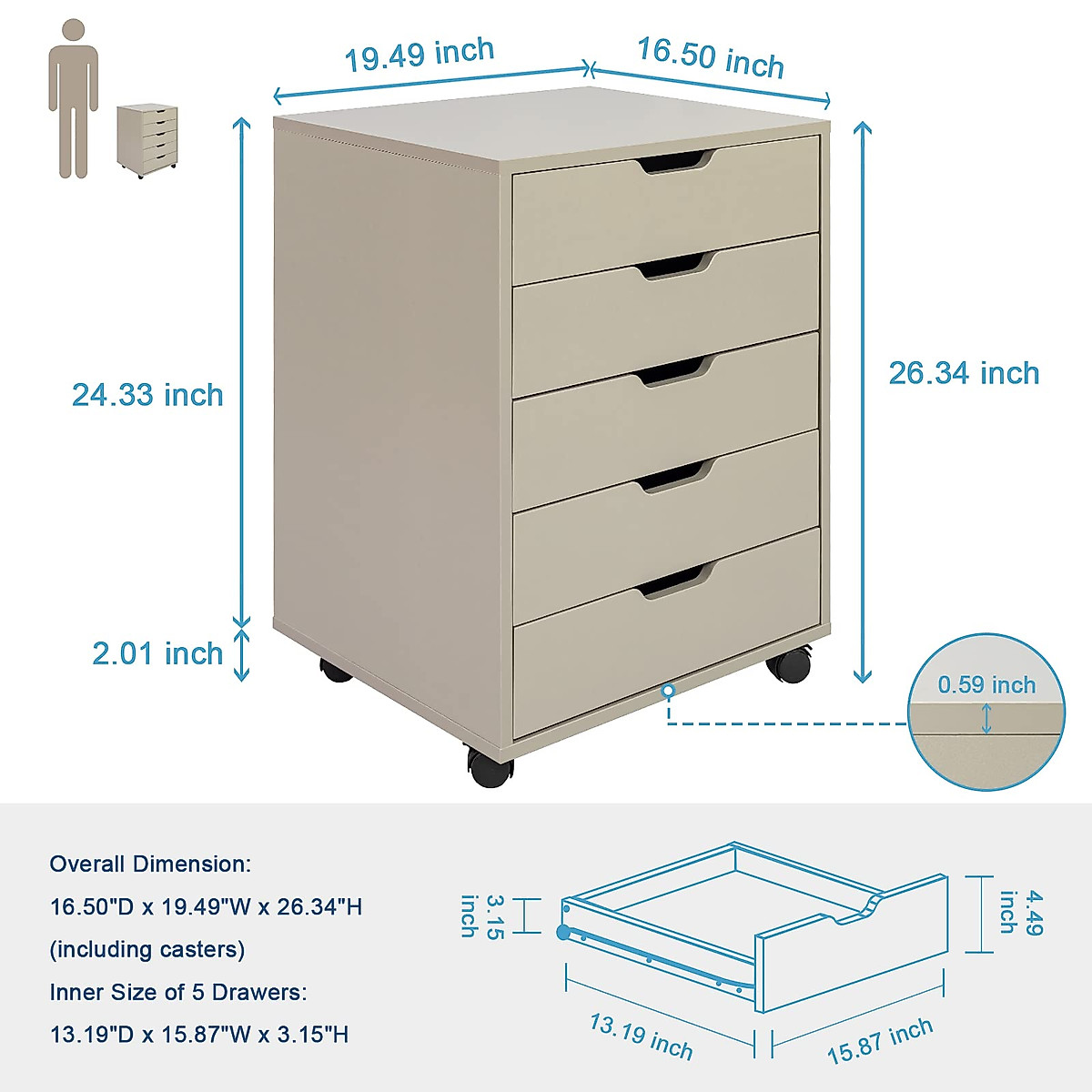 Salfanre Filing Cabinet 5 Drawer, Mobile Wood File Cabinet, Office Drawers, Under Desk Filing Cabinet, Office Storage Cabinet, Grey