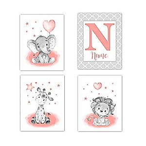 Coral Baby Girl Nursery Art Elephant Giraffe Lion Wall Decor 4 UNFRAMED PRINTS