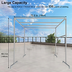 ZGGJZKV Outdoor Clothes Drying Rack with Adjustable Rods, 330Lbs Capacity Heavy Duty Laundry Drying Hanger, Household Floor Standing Clothing Airer with Windproof Hooks and Clips (70.9"×70.9"×63")
