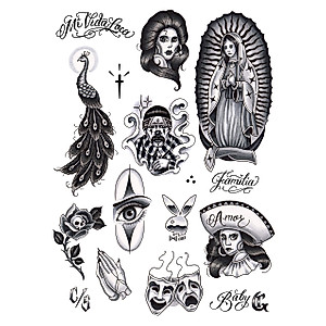 Tatsy Chicano Set, Temporary Tattoo Cover Up Sticker for Men and Women, Body Temp Fake Tattoos, Chicana Gansta Lowrider Style Culture, Unique Realistic Designs