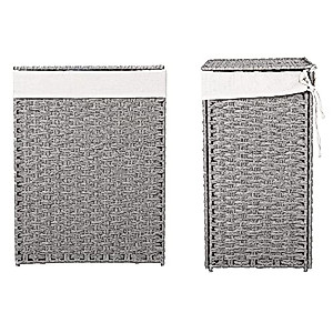BIRDROCK HOME Single Laundry Hamper with Lid - Grey - Liner Bag - Hand Woven - Small Collapsible Hampers - Foldable Bin - Synthetic PE Rattan - Hand Woven - Clothes Basket