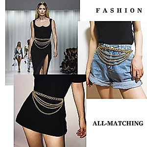 Glamorstar Multilayer Chain Belts for Women Rhinestone Waist Belt Punk Gorgeous Chain for Ladies Dresses Gold 110CM