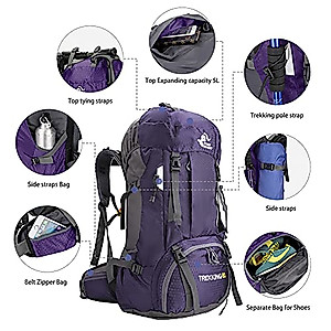 Kerxinma 60L Hiking Backpack Waterproof Travel Hiking Camping with Daypack Cover (Purple)