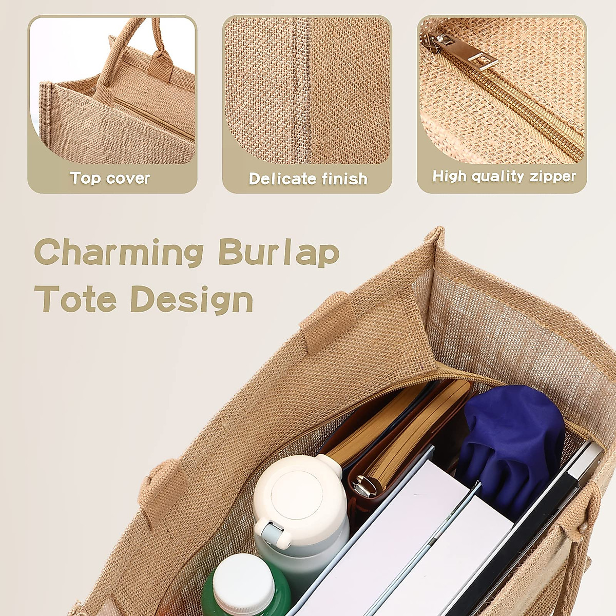 Amylove 8 Pcs Burlap Tote Bag Large Beach Jute Bags Bulk with Top Zipper Closure Blank Reusable Burlap Grocery Bag Water Resistant for Bridesmaid Gift Travel Shopping DIY Craft, 14.17 x 12.6 x 7.48 in