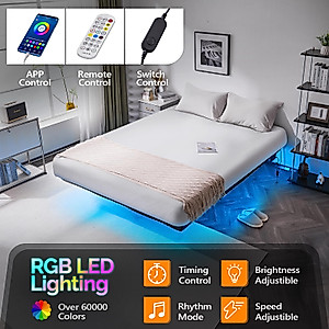 VINGLI Floating Bed Frame Queen with USB Charging Station/LED Lights, 14'' Platform Bed Frame Heavy Duty Metal Bed Queen Size for Kids Teens & Adults, No Box Spring Needed,Black