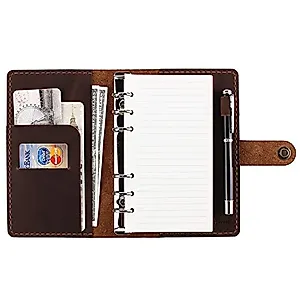 Leather Journal Refillable Writing Notebook, A6 Personal Size 6 Ring Binder Spiral Notebook, Handmade Genuine Leather Refillable Journal Binder Diary, Pocket Binder Traveler Notebook-Brown
