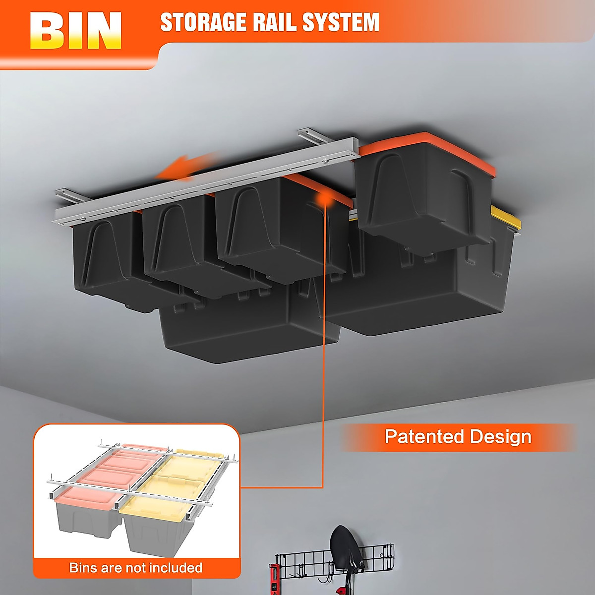 TORACK Garage Ceiling Bin Storage Rack, Overhead Tote Storage Rail System Heavy Duty Adjustable Tote Slide Garage Storage System(Black, Bins are not included)
