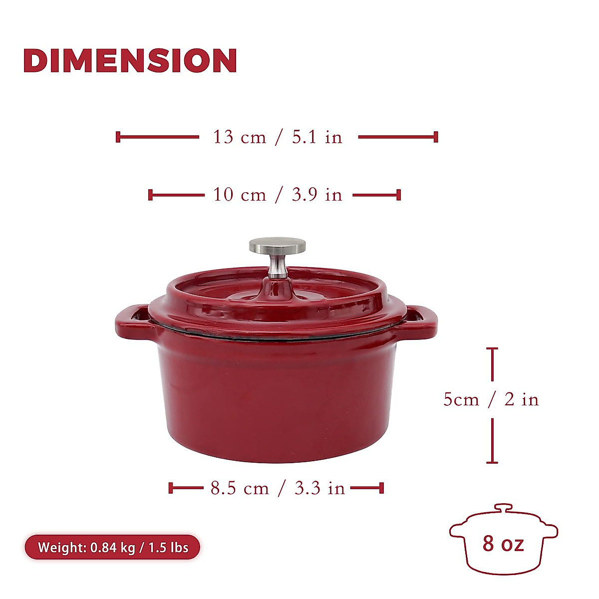Flavehc Mini Cocotte 8 oz Mini Dutch Oven 0.25 qt. Cast Iron Garlic Roaster for Oven Garlic Confit Pot Ramekins with Lids Oven Safe Set of 4, Red