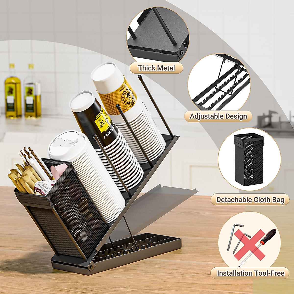 Dunatou Cup and Lid Holder, Adjustable Coffee Cup Holder Organizer, 4 Compartment Coffee Cup Dispenser, straw dispenser for Countertop Coffee Station Bar Office Breakroom, Black