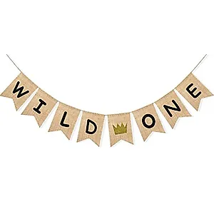 Uniwish Wild One Banner Boy Girl 1st Birthday Party Decorations, Vintage Rustic Burlap Bunting for Baby First Birthday Sign with Glitter Crown