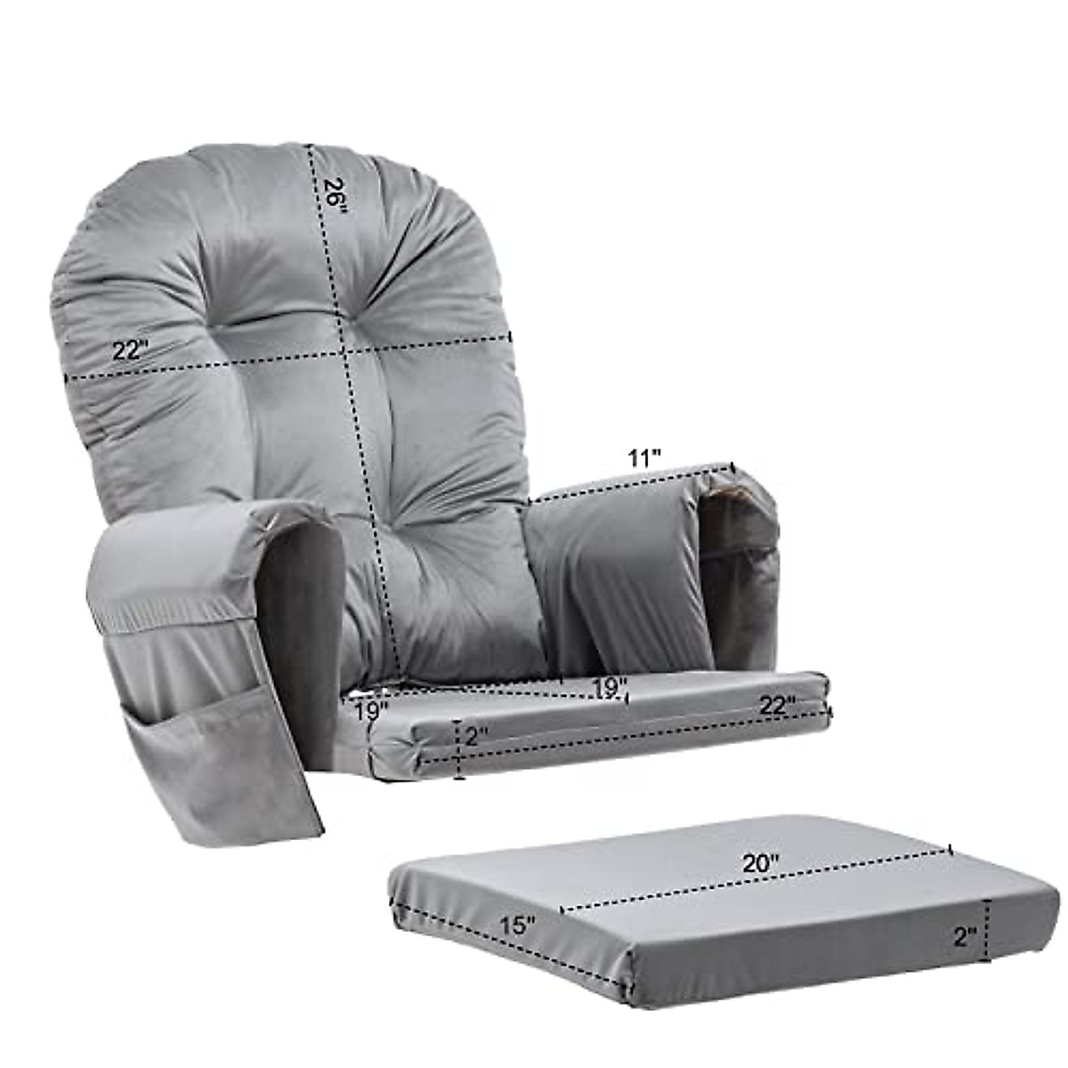 Paddie Glider Rocker Replacement Cushions with Storage Velvet Washable Non Slip for Glider Rocking Chair, 5PCS, Light Grey