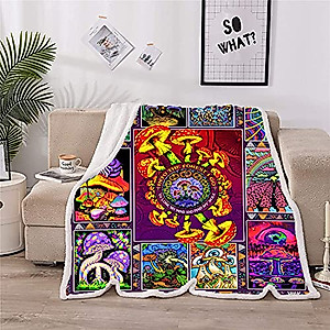 Trippy Mushroom Blanket Hippie Plant Throw Blankets for Couch Trippy Sherpa Fleece Blankets Soft Cotton Fuzzy Blanket Wool Plush Blanket (Classic Purple,(59 x 79 in))