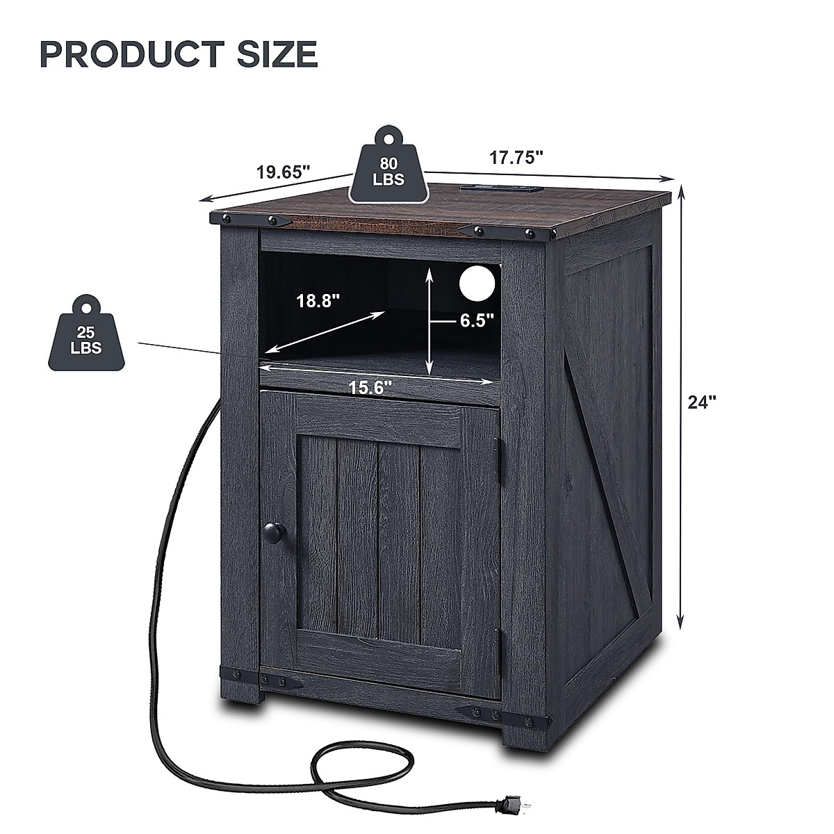IFGET Farmhouse End Table with Charging Station, 20" Nightstand w/Groove Barn Door, Rustic Wood Bedside Table, Side Table with Storage w/Open & Adjustable Shelf for Bedroom, Living Room (Dark Grey)