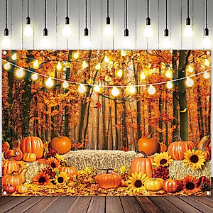 YCUCUEI 7x5ft Fall Forest Photography Backdrop Woodland Pumpkin Landscape Maple Leaves Barn Haystack Background Thanksgiving Party Decoration Harvest Photo Booth