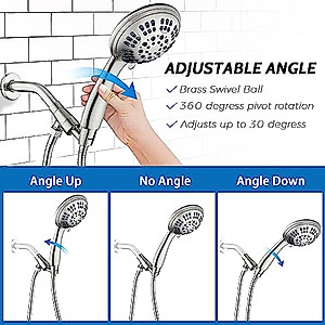 G-Promise High Pressure Shower Head 6 Spray Setting Hand Held Shower Heads with Adjustable Solid Brass Shower Arm Mount Extra Long Flexible Stainless Steel Hose(Brushed Nickel)