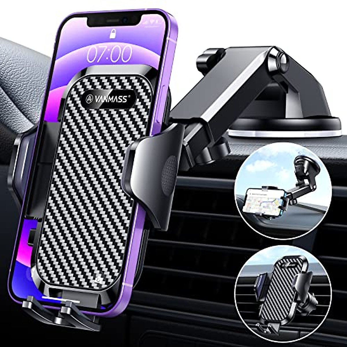 VANMASS [Latest Model] Car Phone Holder Mount, Dashboard Phone Holder Universal Powerful Suction Cup Mount, Dash Windshield Air Vent Truck Stand Compatible with All Phones Black