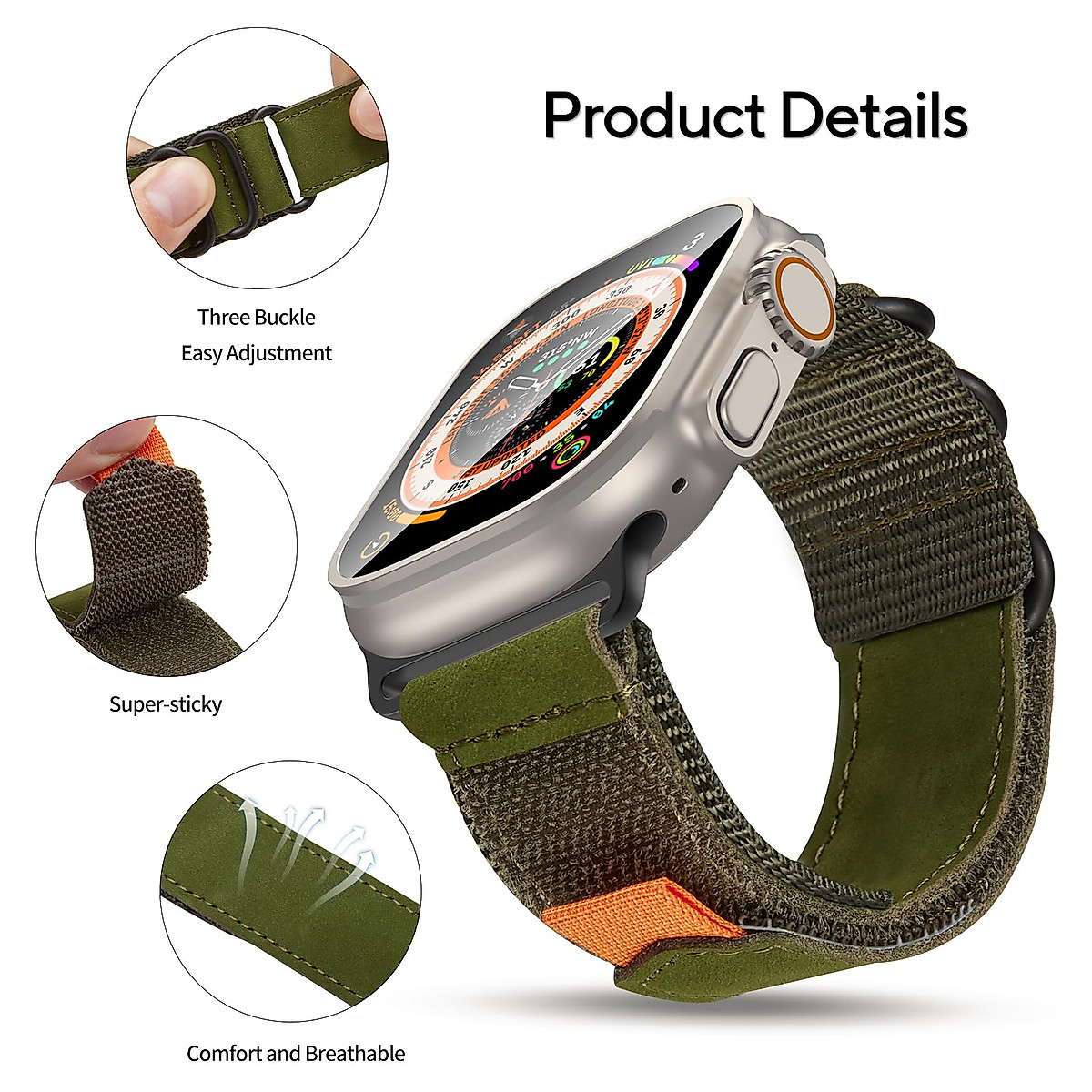 Kawoco Sport Bands Compatible with Apple Watch Ultra Band 49mm 45mm 44mm 42mm, Rugged Adjustable Breathable Braided Leather Combination Strap Men for iWatch Ultra 2 Series 9 8 7 6 5 4 3 SE Army Green