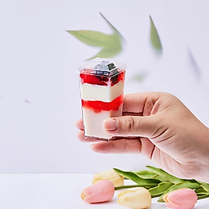 YANYOPPINT 50 Pack 3 oz Square Mini Dessert Cups with Lids and Spoons Square Tall Clear Dessert Shooter Plastic Parfait Appetizer Cups Reusable Serving Bowl for Party