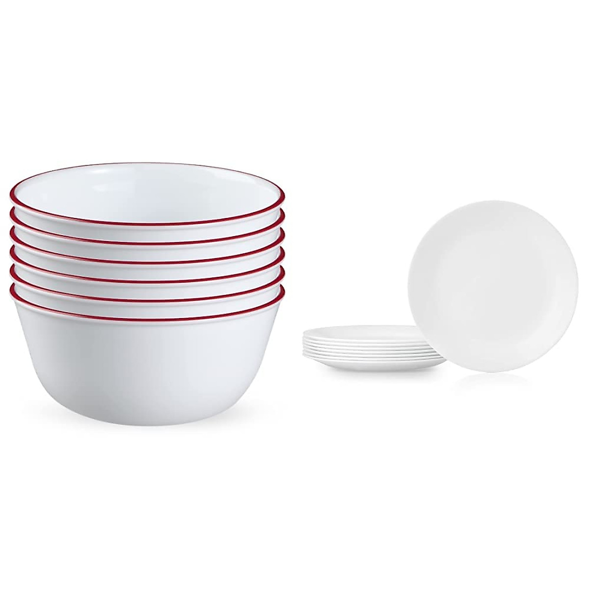Corelle,Glass 28oz Red Band Bowl 6pk & Vitrelle 8-Piece Dinner Plates Set, Triple Layer Glass and Chip Resistant, Lightweight Round Plates, Winter Frost White