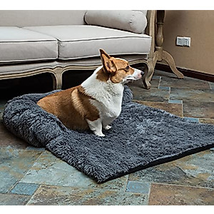 Coohom Calming Dog Bed Pet Couch Protector Dog Cat Bed Mats for Furniture with Removable Washable Cover,Plush Sofa Cover Cushion with Soft Neck Bolster (Medium 36", Grey)