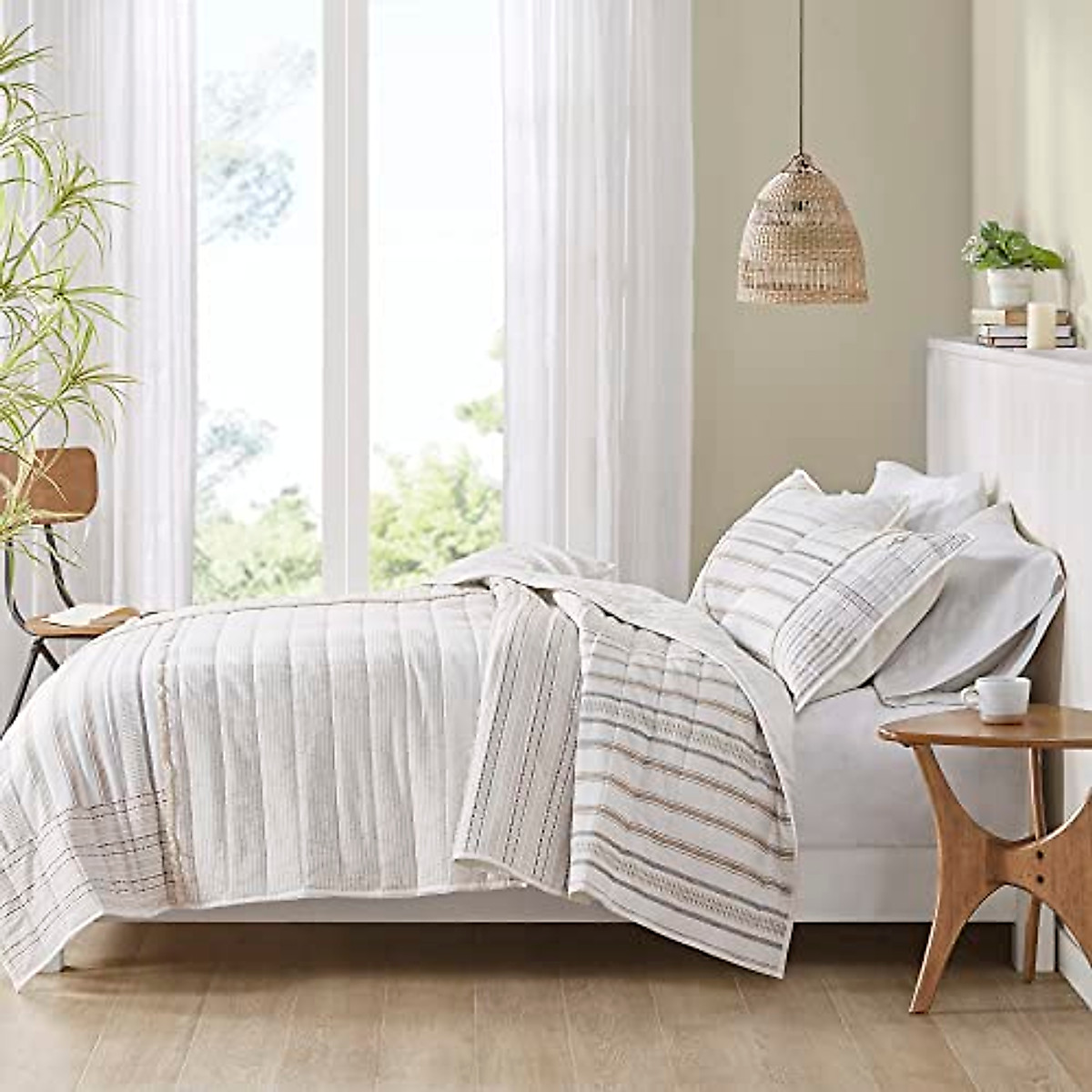 INK+IVY Salar Cotton Quilt Set - Stripe Patchwork Design with Fringe Trim Accent, Prewashed Coverlet, All Season, Breathable and Lightweight Cover, Cozy Summer Blanket, King/Cal King Natural 3 Piece