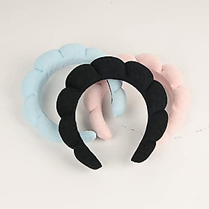 Spa Headband for Women, Makeup Headbands with Triangle Powder Puff, Sponge and Terry Towel Cloth Fabric Hair Band and Versed Headband for Face Washing, Makeup Removal, Shower, Skincare (Black)