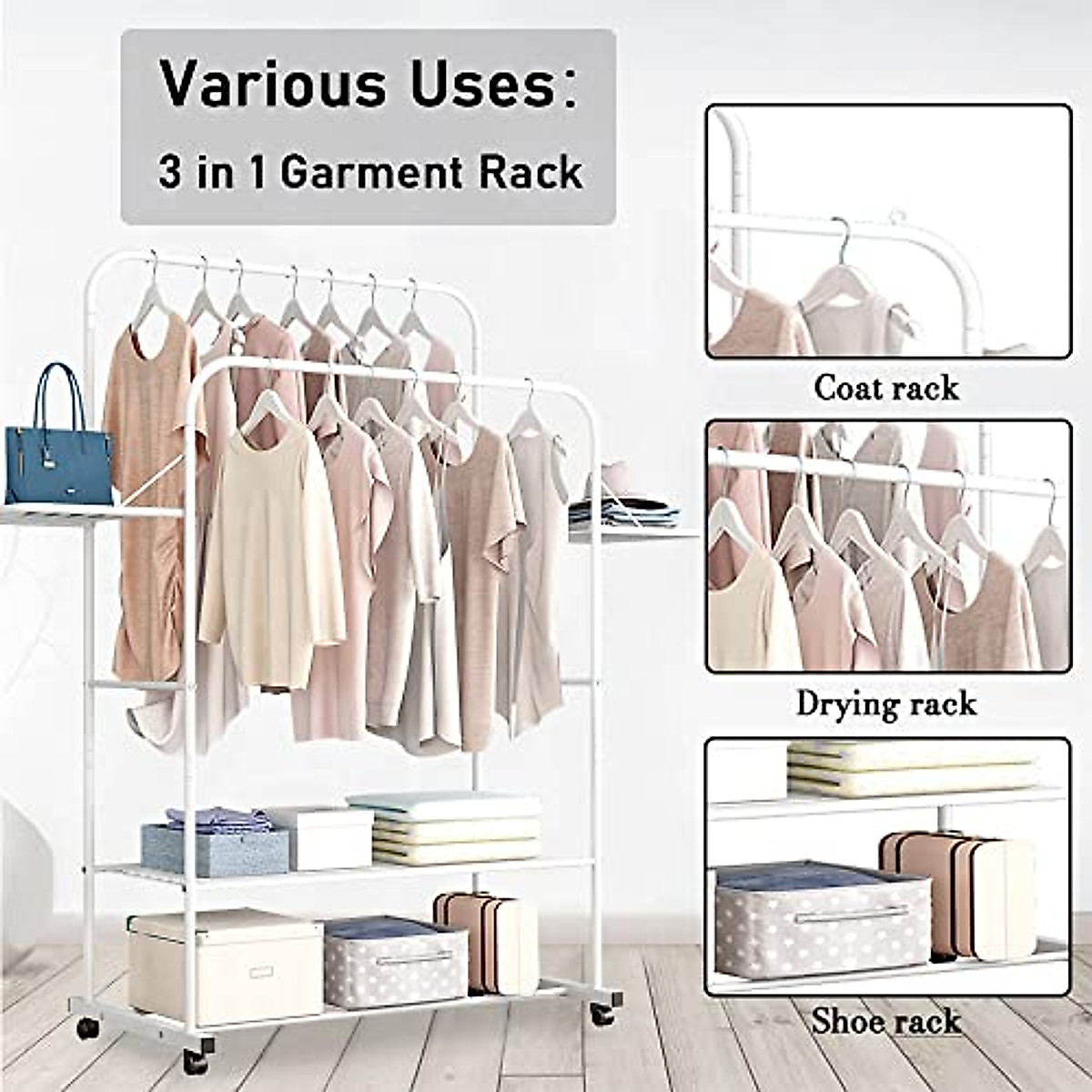 STONCEL Clothing Rack with Shelves, Portable Garment Rack on Wheel, Double Rails Rolling Clothes Rack for Hanging Clothes, 31.8 x 19.8 x 61.2 Inches (White)
