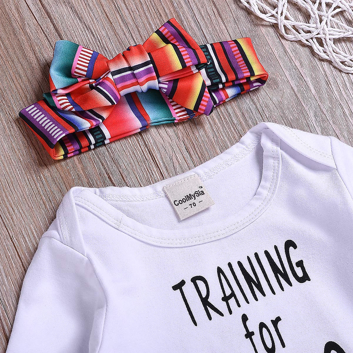 TROSJ 3Pcs Newborn Infant Baby Boy Girl Outfits Long Sleeve Letter Print Romper Tops +Rainbow Striped Pants + Headband Clothes Set (White, 6-12 months)